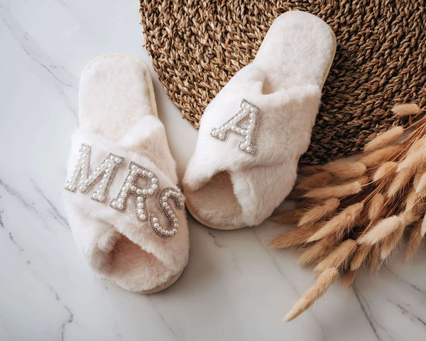 Personalized Pearl Rhinestone Bride Slippers | HundredHearts
